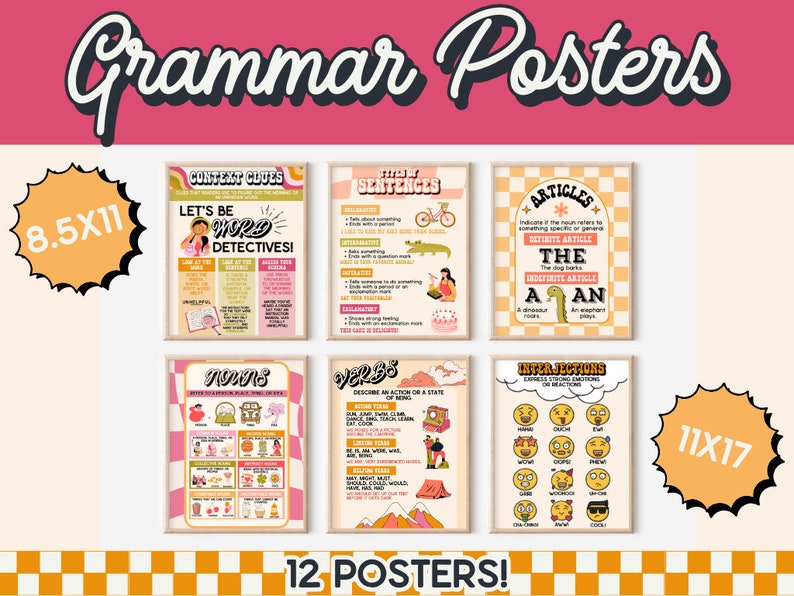 Grammar Posters for Classroom, Pink and Orange Retro Grammar Posters ...