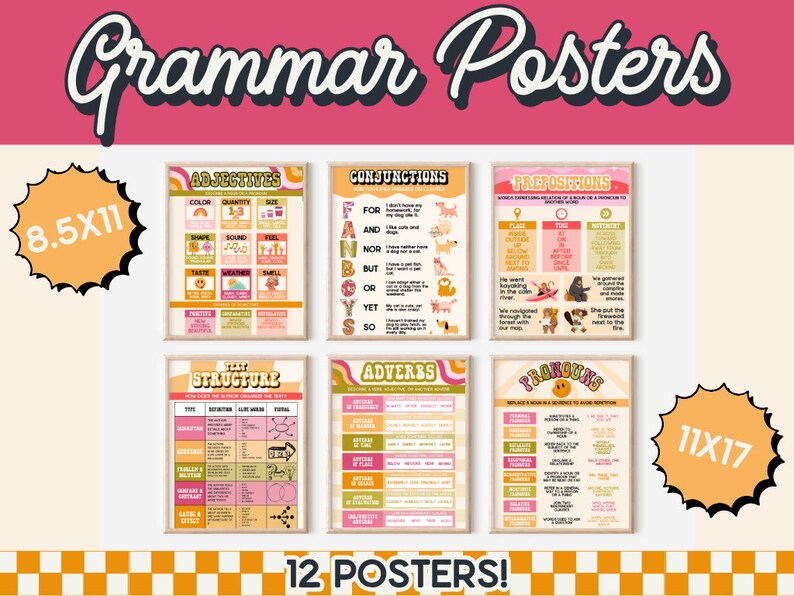 Grammar Posters for Classroom, Pink and Orange Retro Grammar Posters ...