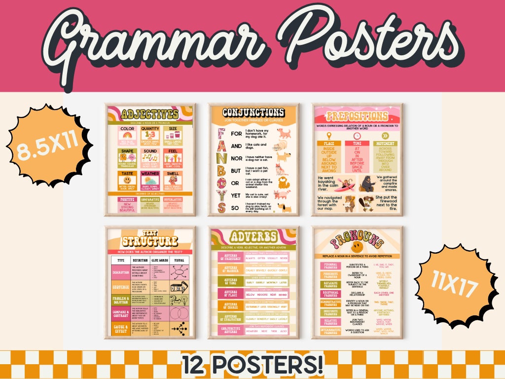 Grammar Posters for Classroom, Pink and Orange Retro Grammar Posters ...