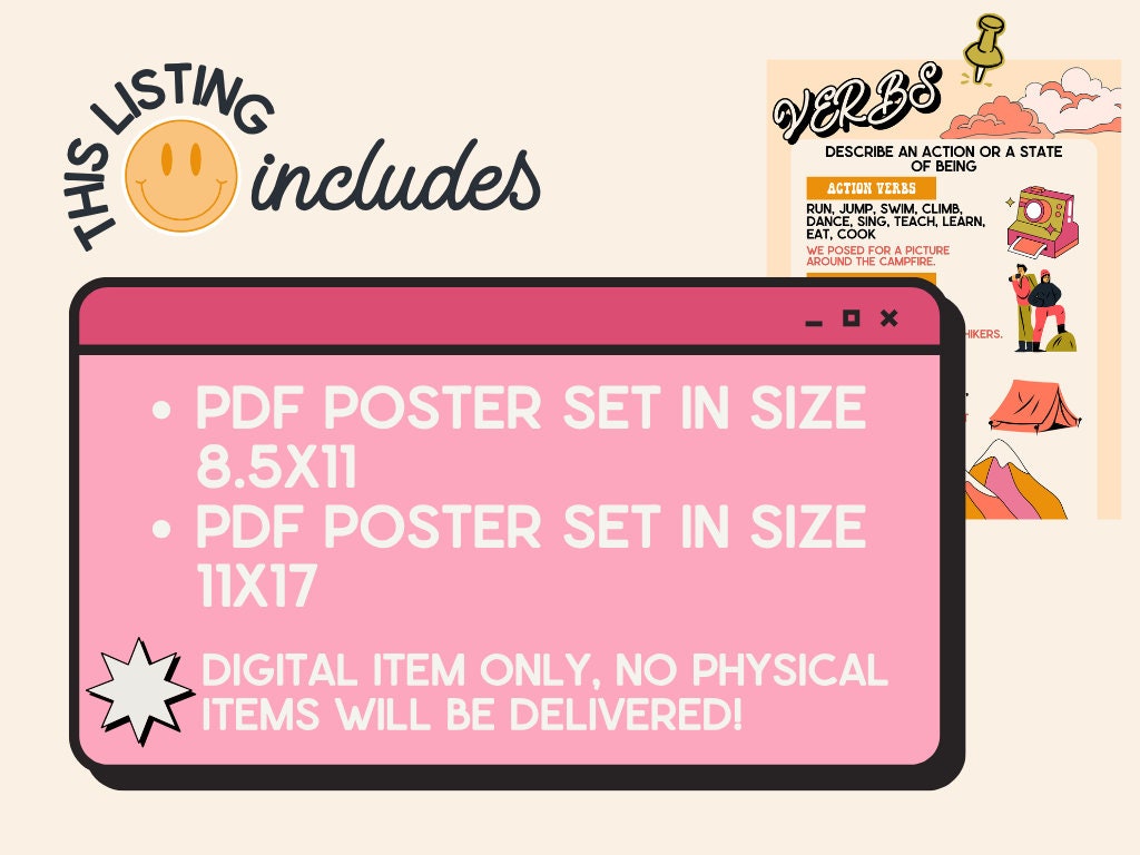 Grammar Posters for Classroom, Pink and Orange Retro Grammar Posters ...