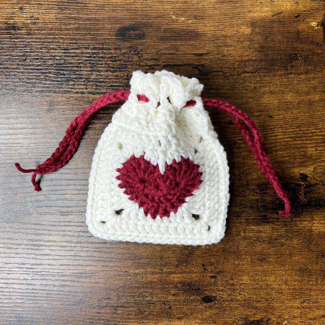 Heart Drawstring Pouch | Crochet Heart Granny Square Drawstring Pouch ...