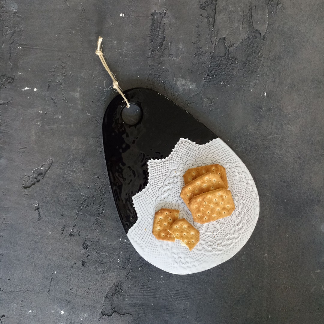 Black and White Cheese Plate, Stoneware Cheese Board, Wine Serving ...
