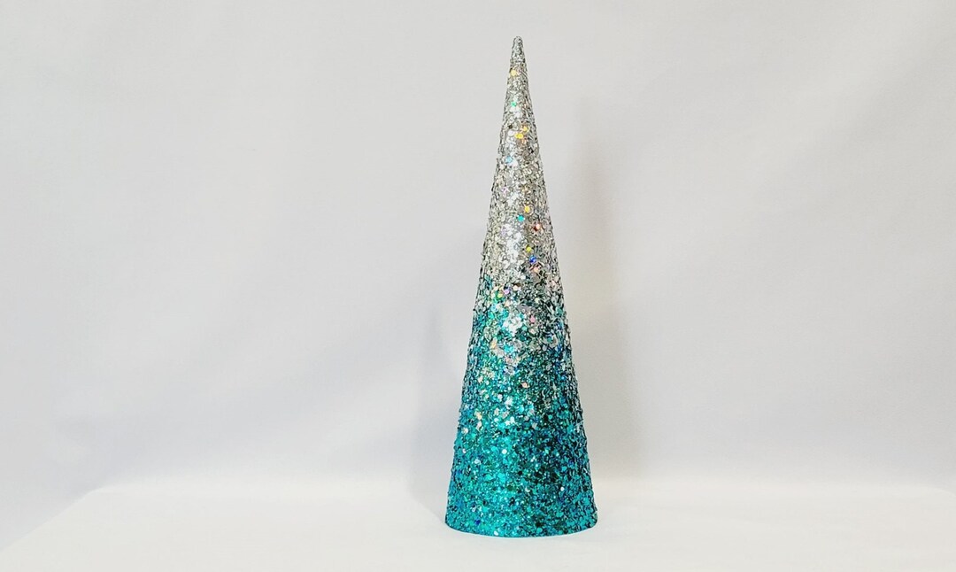 Ombre Glitter Tree Centerpiece: Silver & Mediterranean Blue Holiday ...