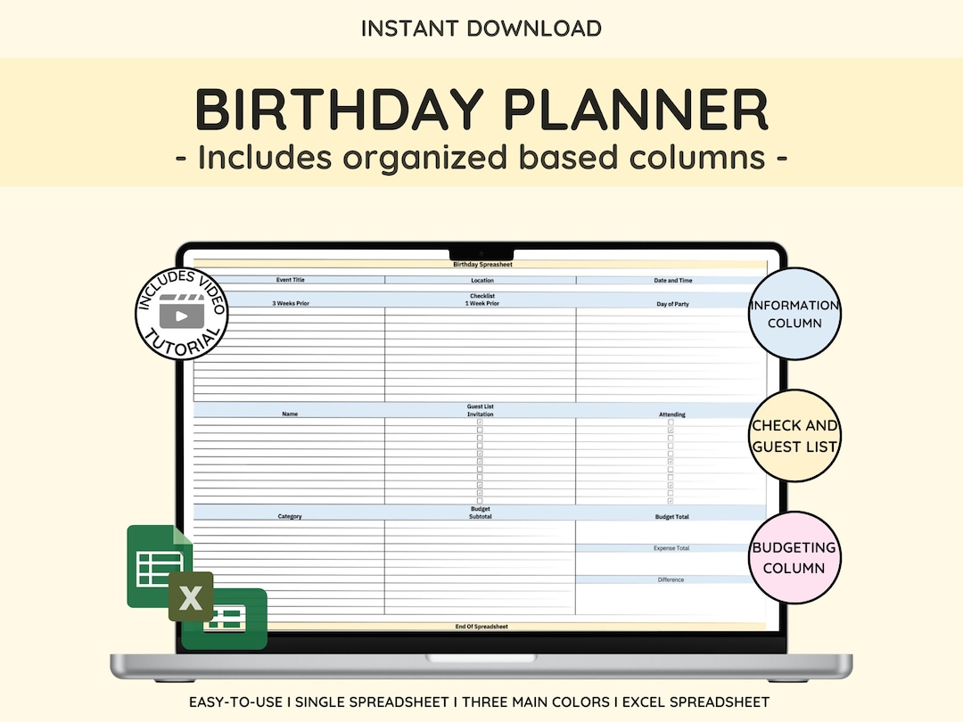 Excel Birthday Spreadsheet I Information Column I Checklist I Guestlist ...