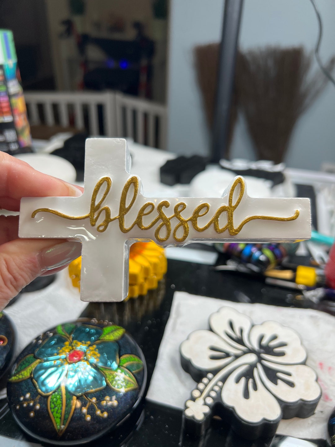 Blessed Cross Paperweight Knick-knack, White Cross With Gold Acrylic ...