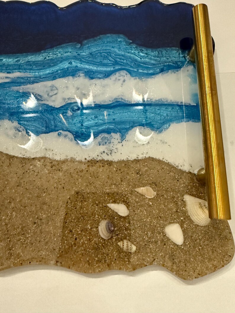Ocean Wave Charcuterie Tray With Real Sand & Shells, Brass Handles - Etsy