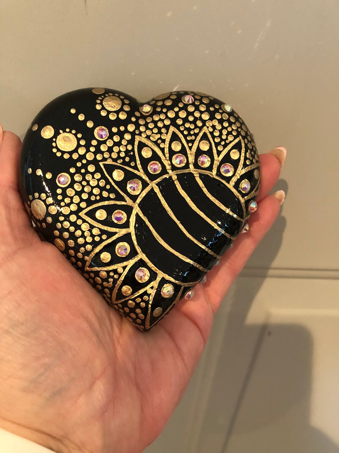 Heart-shaped stone gold on black glossy resined adorned | Etsy