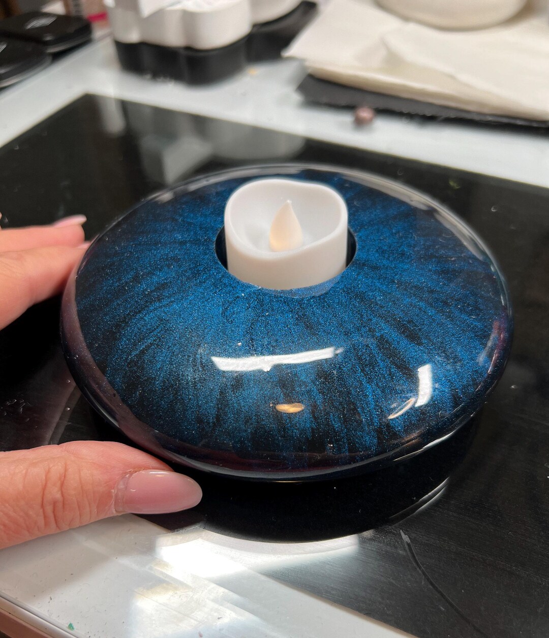 Sparkling Blue Large Tealight Holder Over 5 Inches Wide, Painted With ...