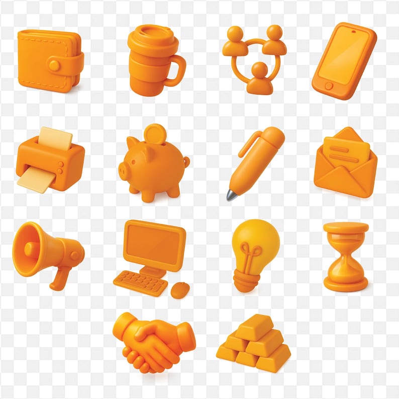 Business Orange Color 3D Icon Pack for Sticker & Design: 27 PNG Icons ...