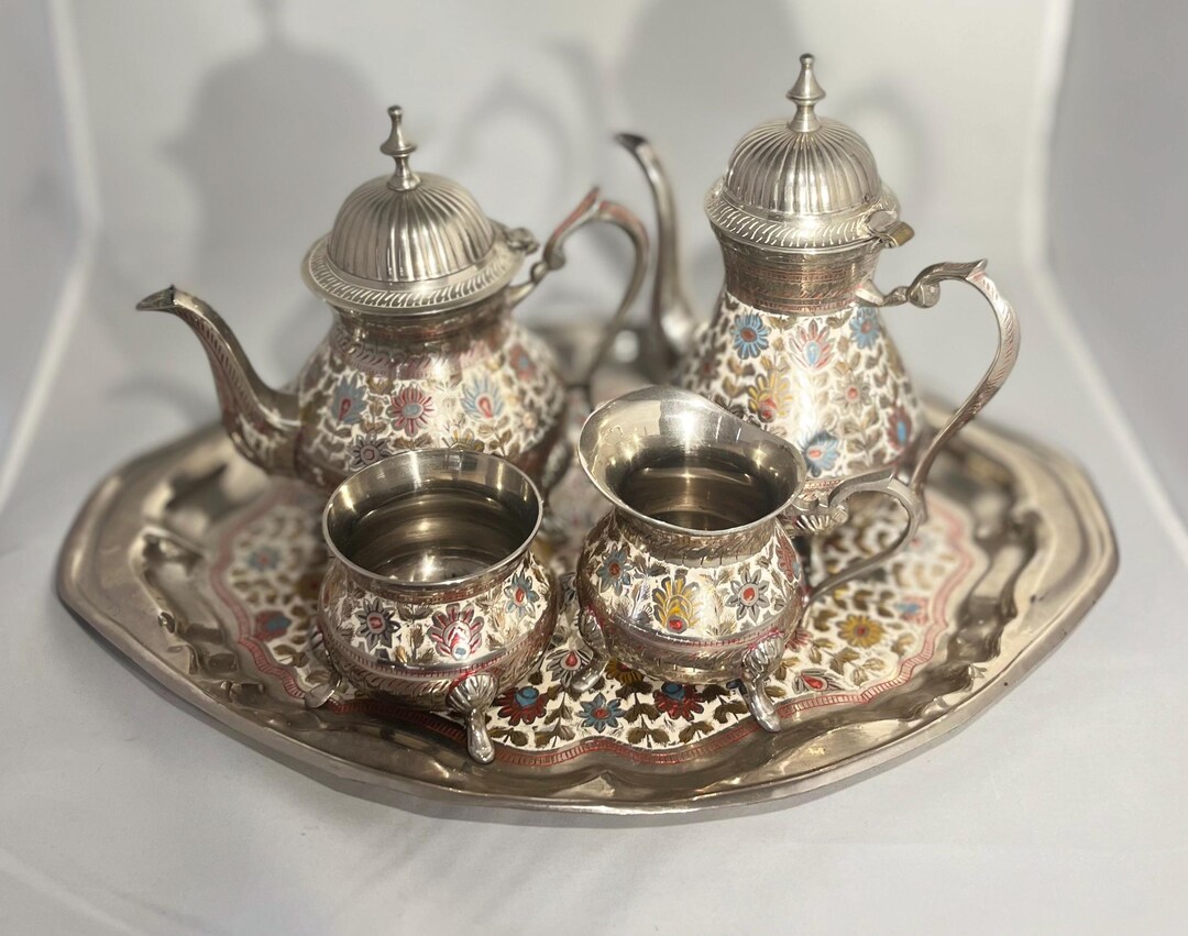 Vintage Indian Metal and Enamel Tea Set and Tray - Etsy
