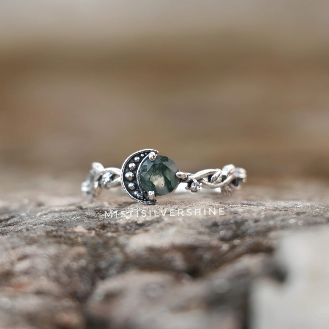 Crescent Moon Moss Agate Ring: 925 Sterling Silver Branches Band ...