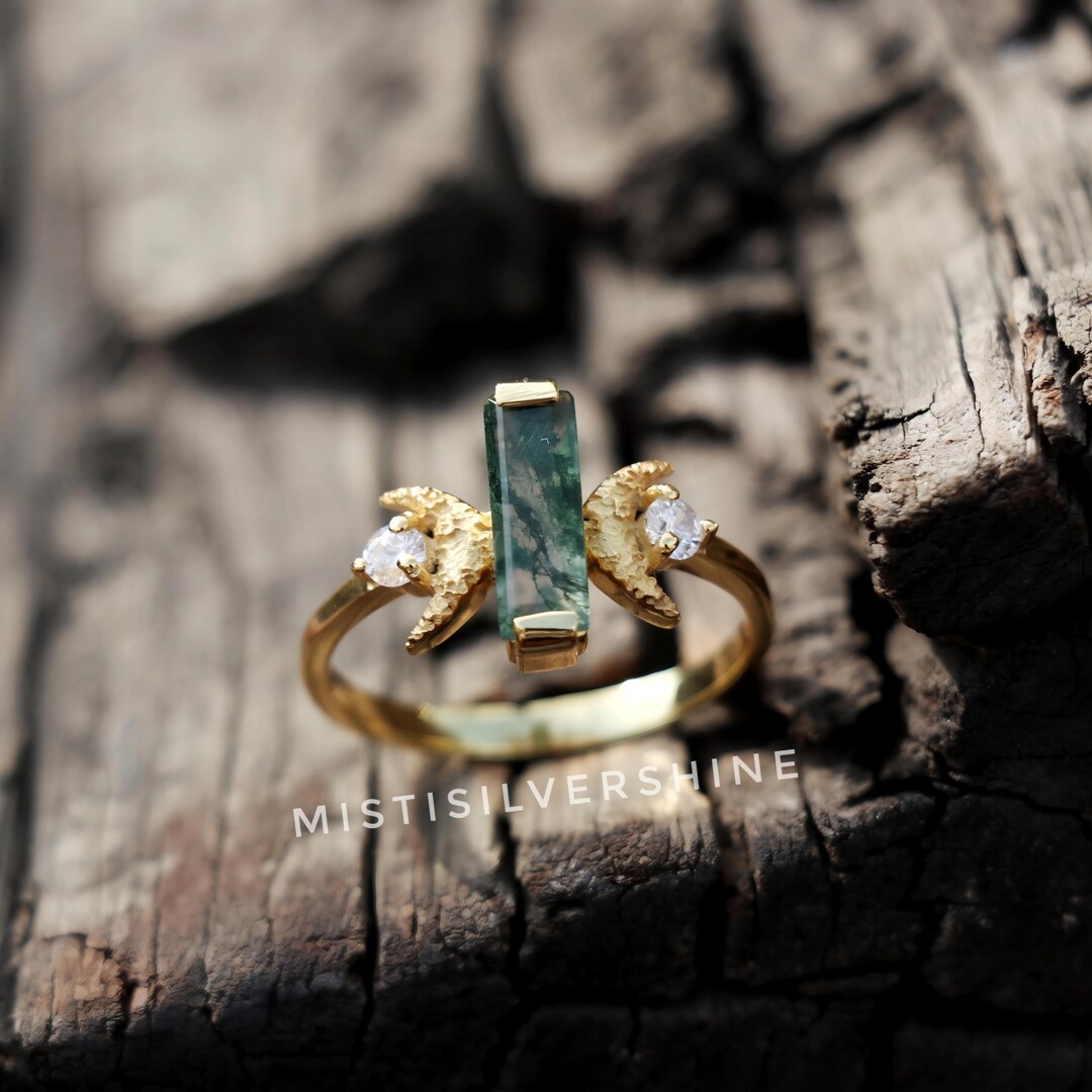 Moss Agate Crescent Moon Ring: 18k Gold Plated Sterling Silver - Etsy