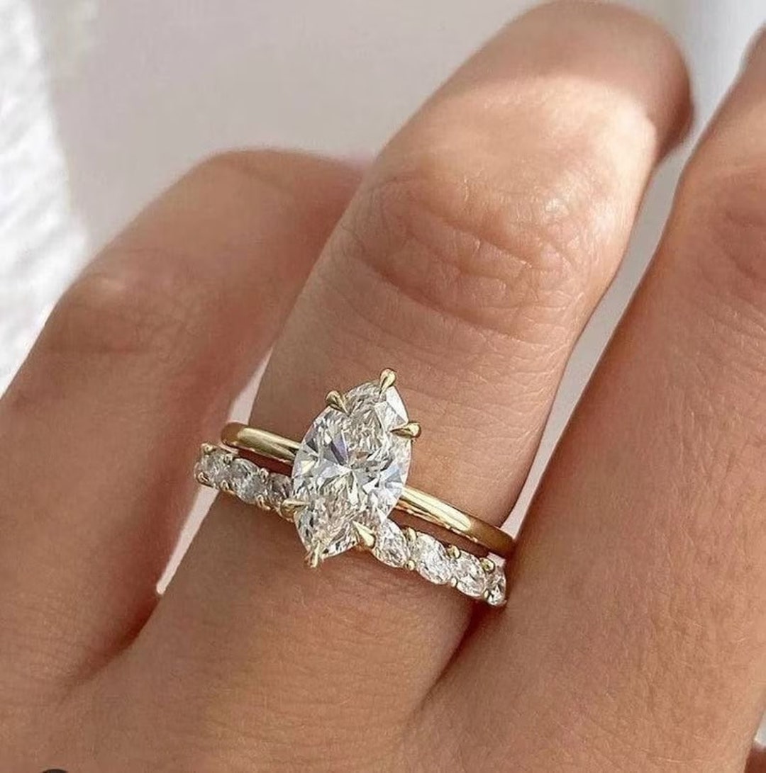2 Carat Marquise Engagement Ring Set / Marquise Moissanite Solitaire Engagement Ring/ 14K Solid ...