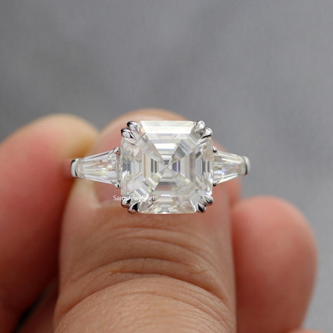 2 CT Asscher Cut Moissanite Wedding Ring / 14K White Gold Solitaire Ring / Claw Prongs Ring /CZ ...