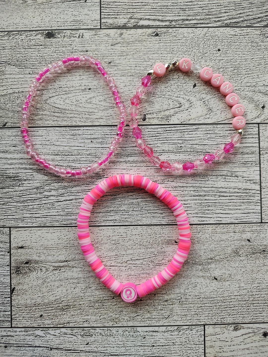 3pc Pink F**K CANCER Breast Cancer Awareness Ribbon Beaded Bracelet Set ...