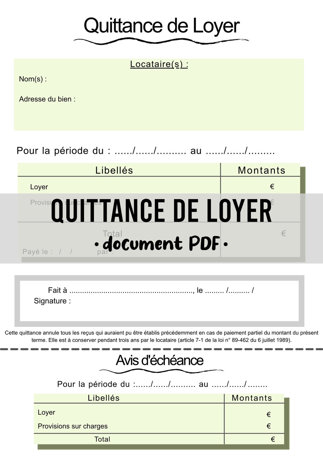 Quittance de loyer PDF à compléter - téléchargement instantané - Etsy France