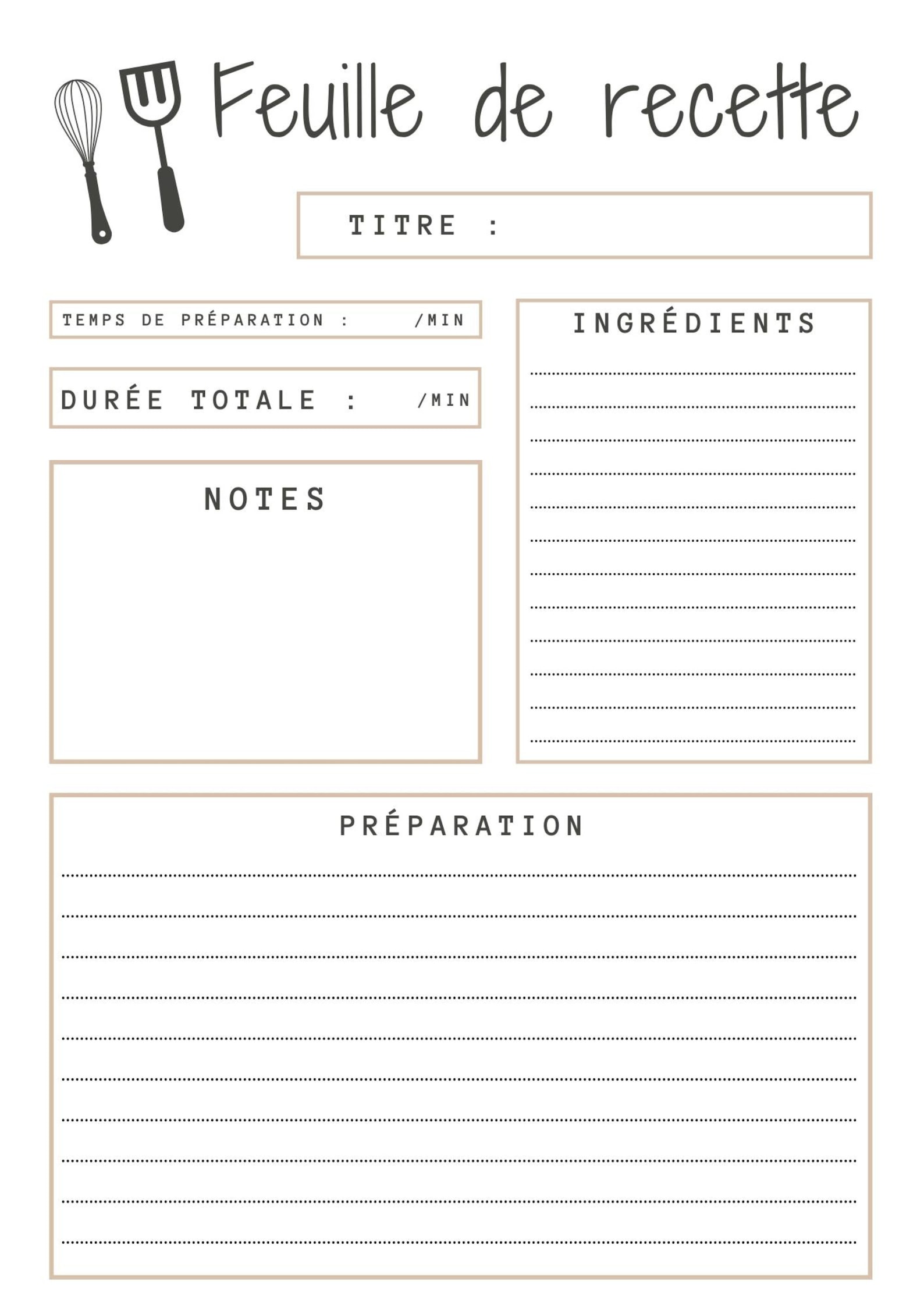 Feuille de recette à compléter feuille recette numérique à imprimer ...