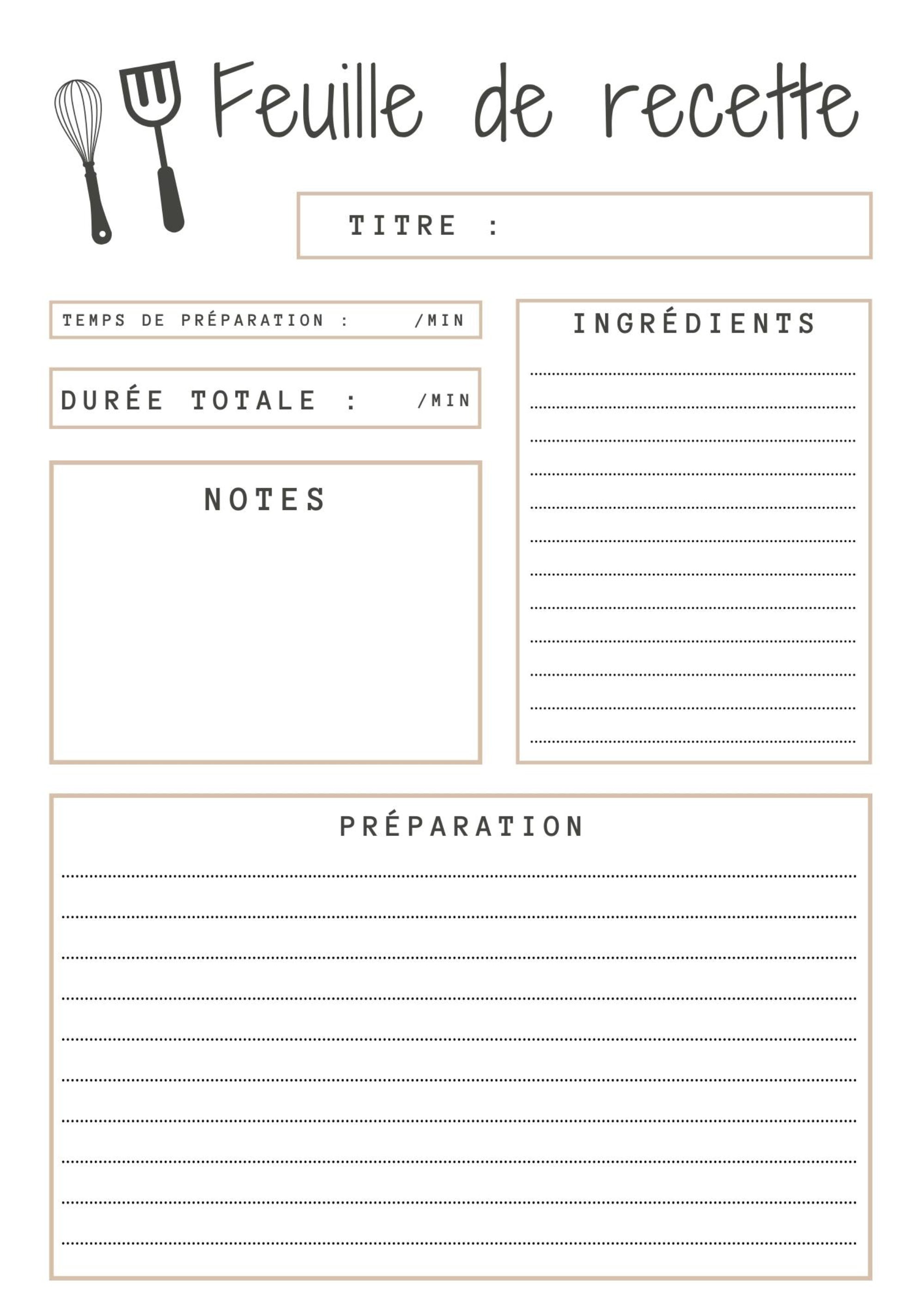 Feuille de recette à compléter - feuille recette numérique à imprimer ...