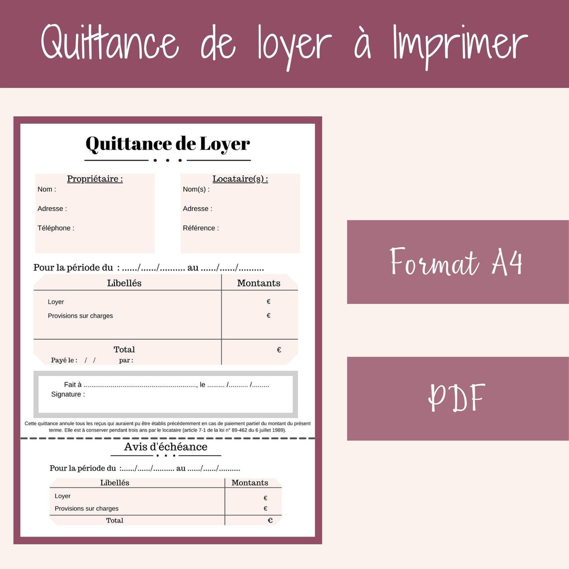 Quittance de loyer PDF à compléter - téléchargement instantané - Etsy France