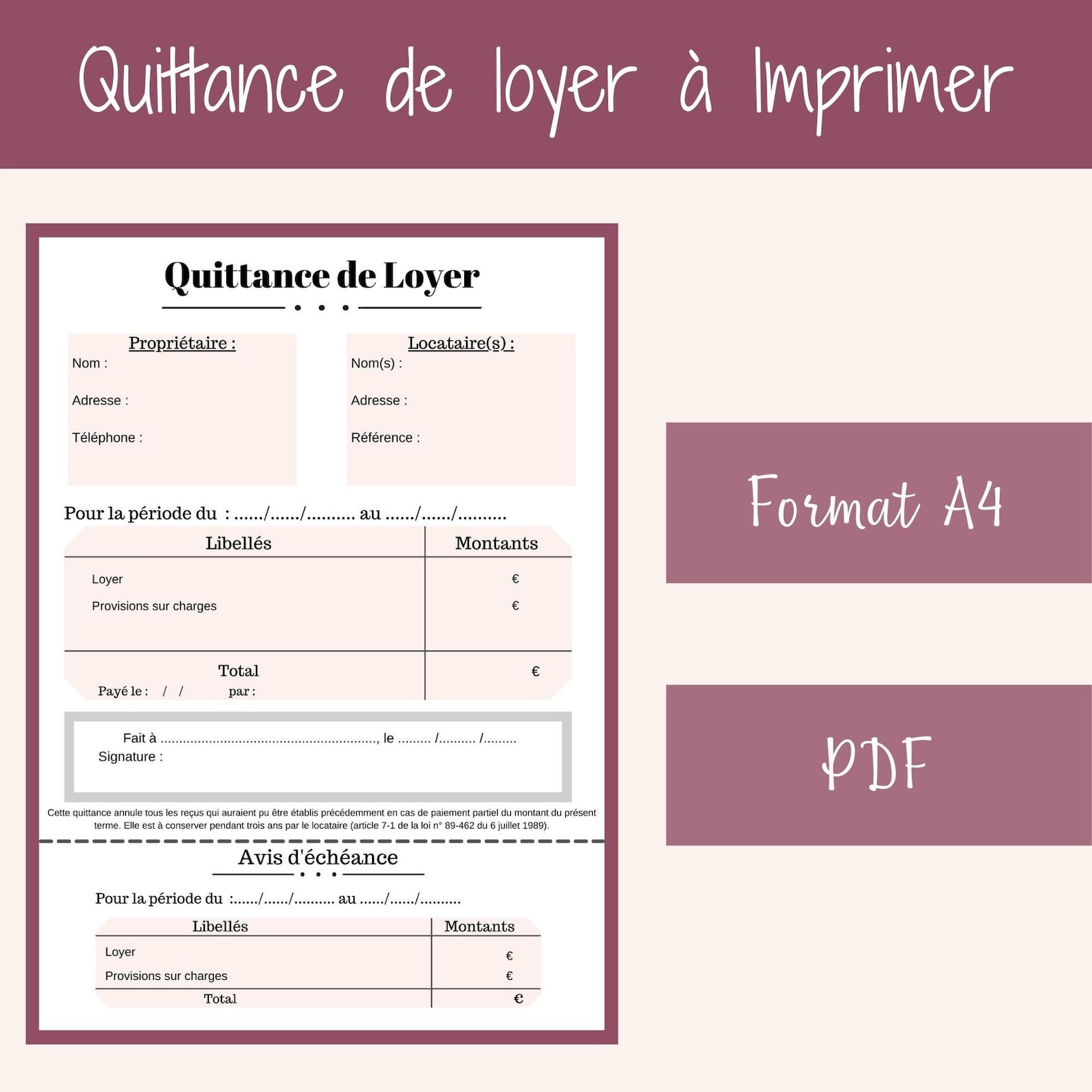 Quittance de loyer PDF à compléter - téléchargement instantané - Etsy France