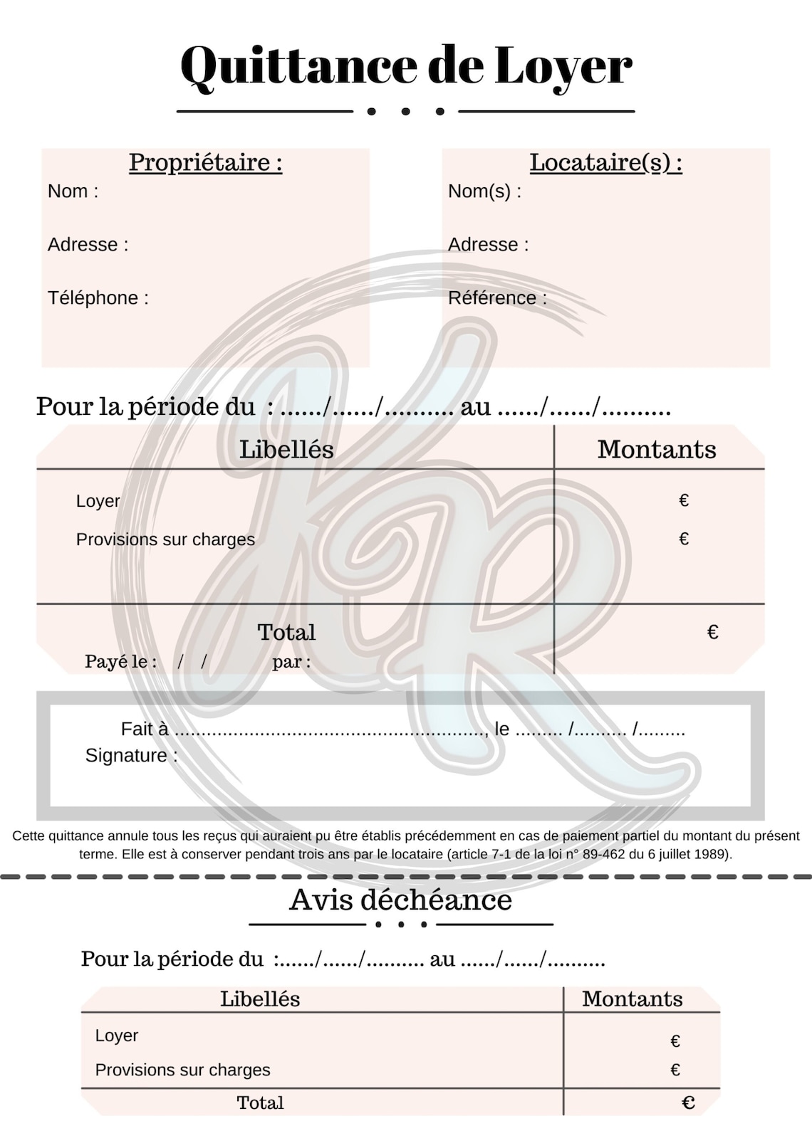 Quittance de loyer PDF à compléter - téléchargement instantané - Etsy France