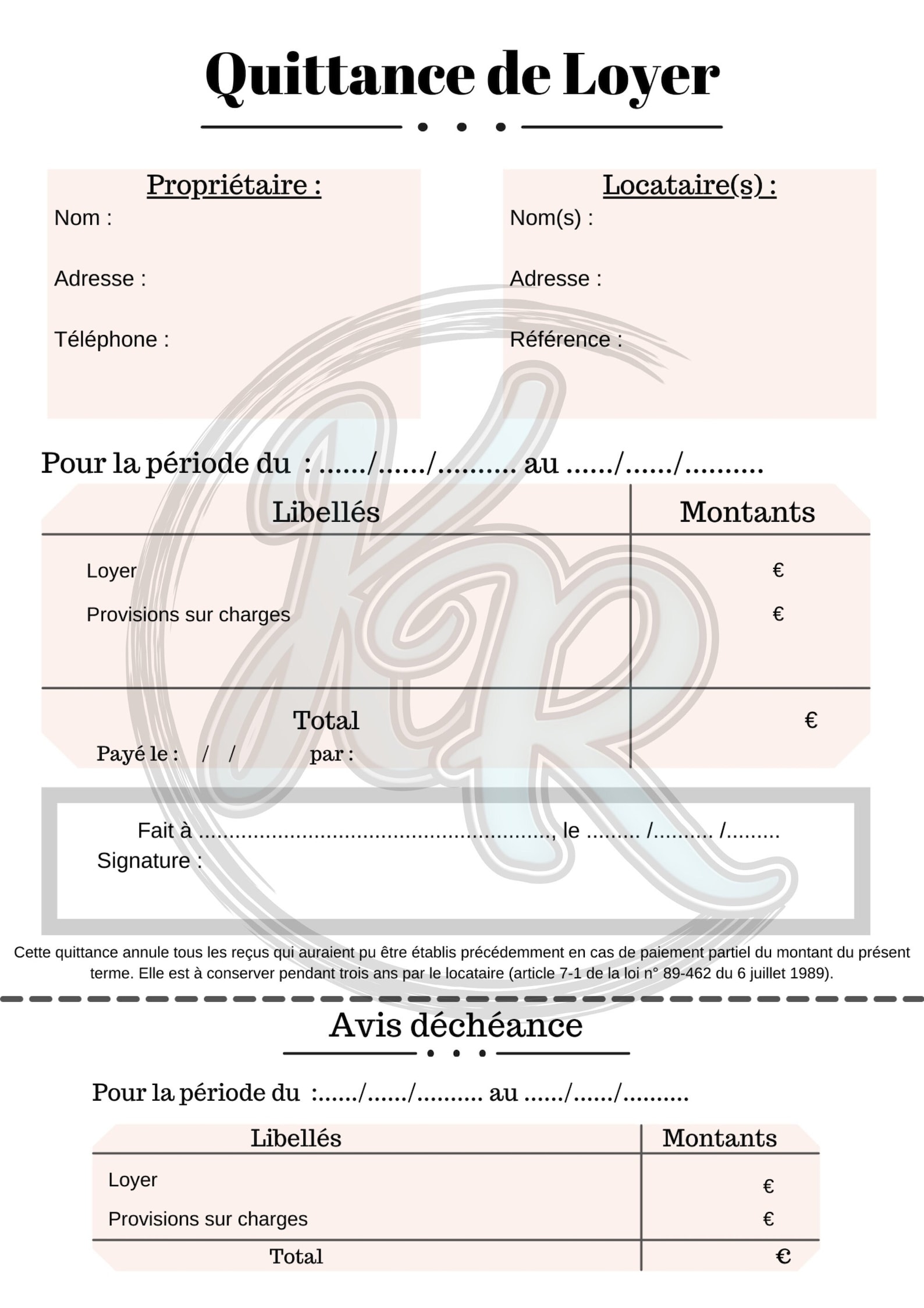 Quittance de loyer PDF à compléter - téléchargement instantané - Etsy France
