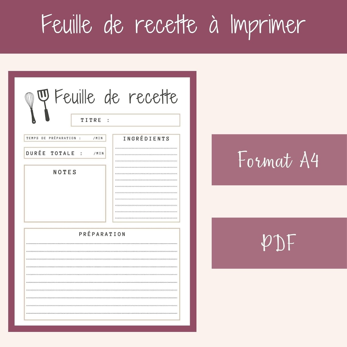 Feuille de recette à compléter - feuille recette numérique à imprimer ...