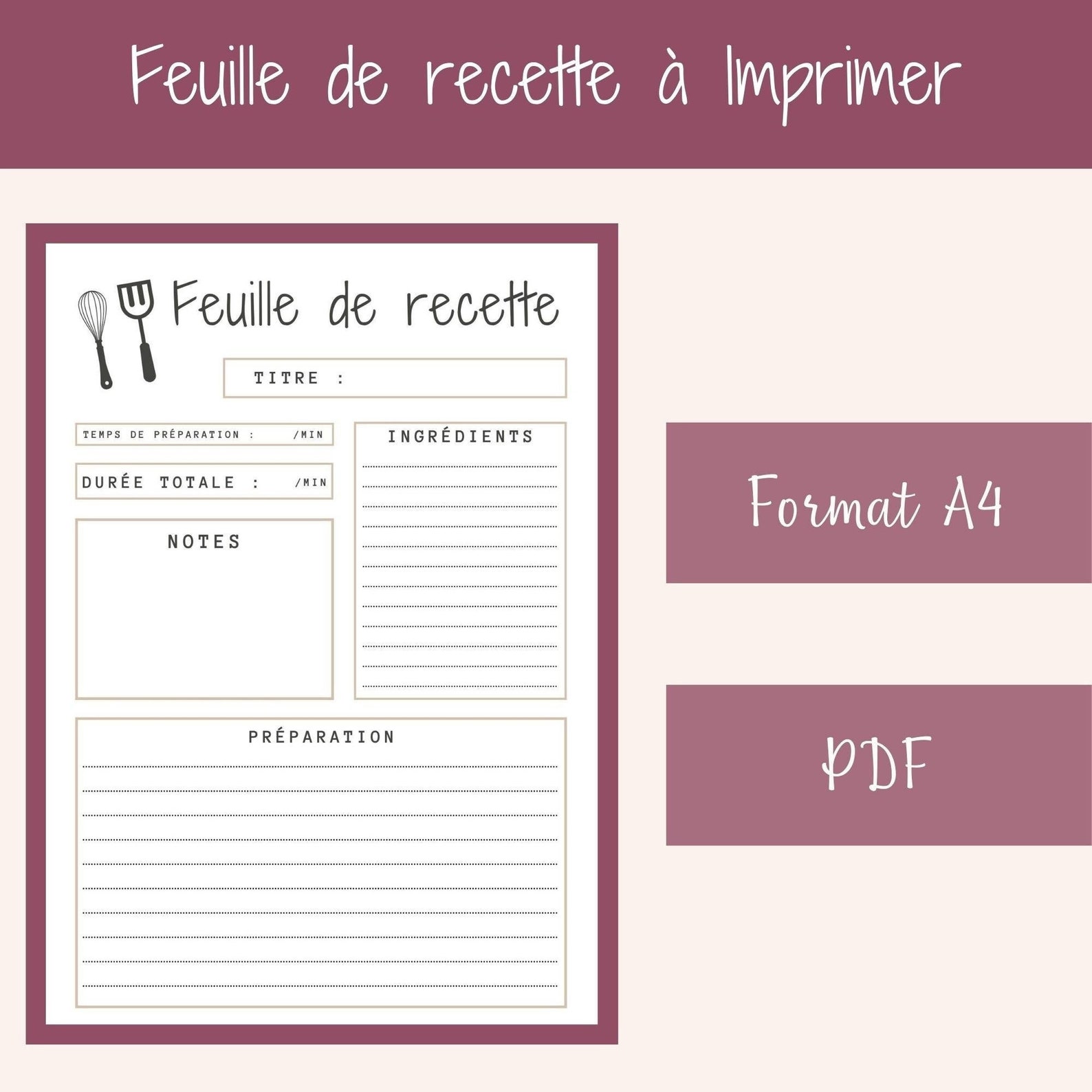 Feuille de recette à compléter - feuille recette numérique à imprimer ...