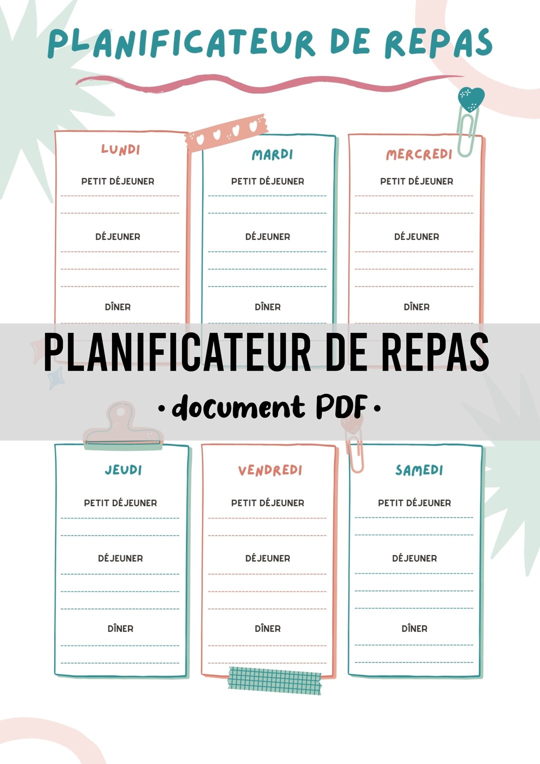 Planificateur de repas à imprimer - format PDF - téléchargement instantané - Etsy France