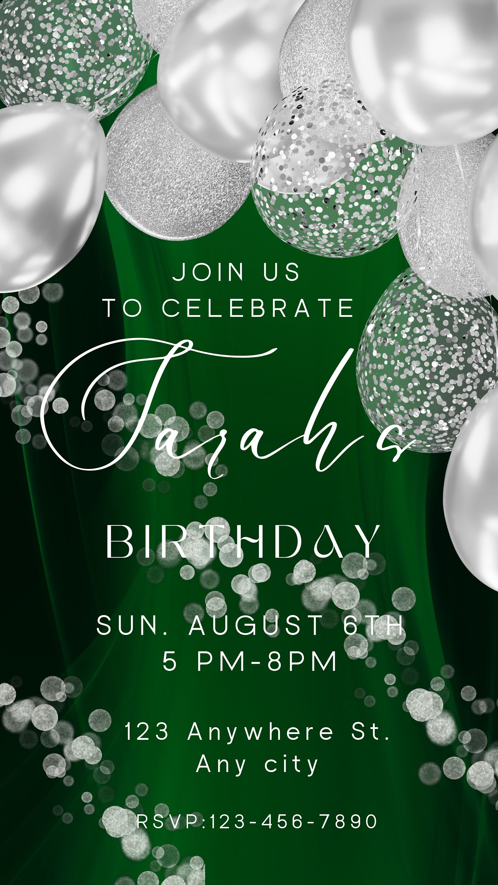 Green Silver Balloons Birthday Invitation, Electronic Party Invite ...