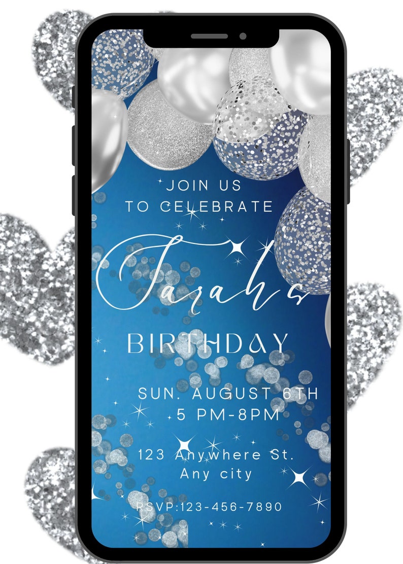 Light Blue Silver Balloons Birthday Invitation Electronic - Etsy