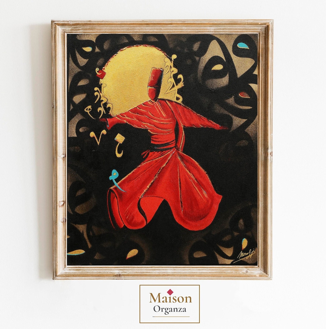 Folk Art Painting Arabic Calligraphy Red Whirling Dervish Mythology ...