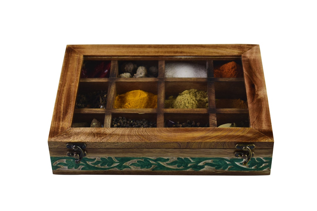 Wooden Spice Box With Hand Carved Leaf Extra Large Size - Etsy