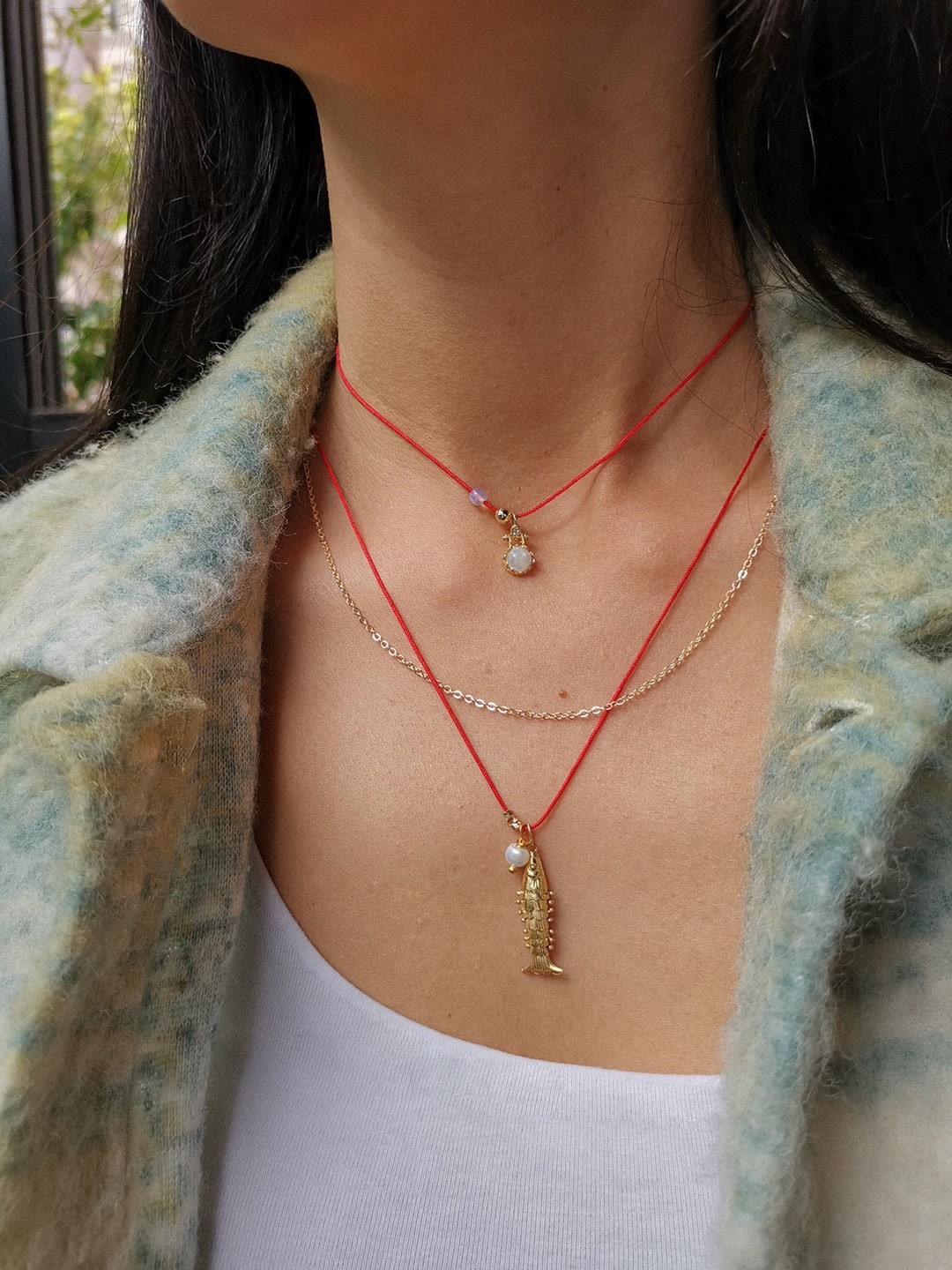 925 Sterling Silver Fish Necklace, Red String Articulated Fish, Fidget ...