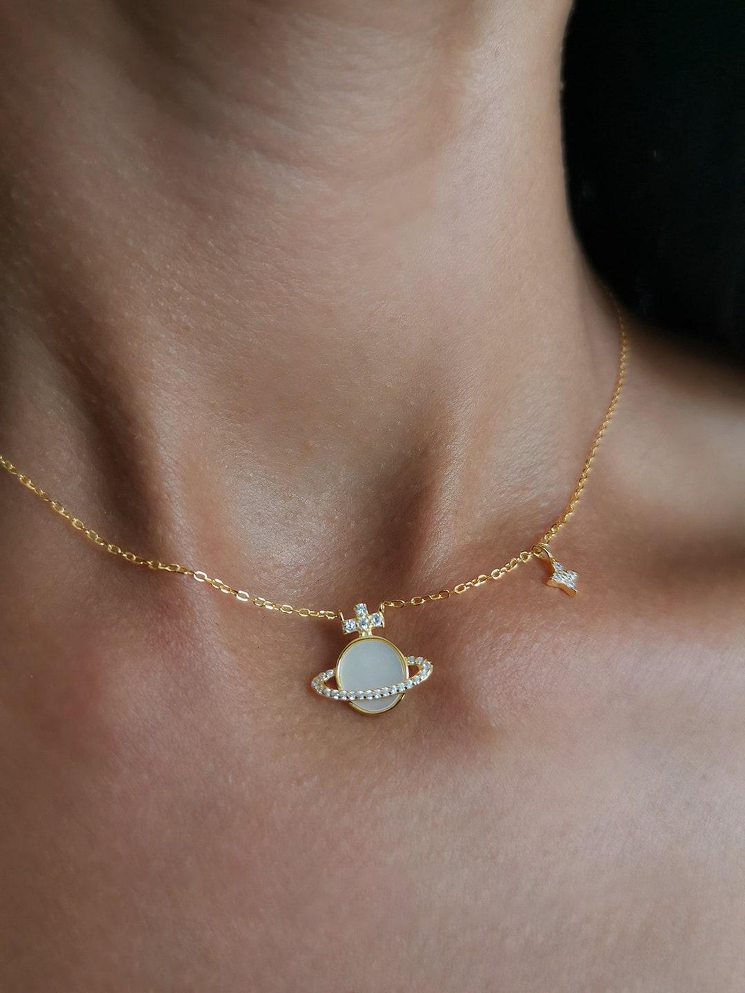 Saturn Necklace - 925 Sterling Silver Round Saturn Necklace - Mother of ...