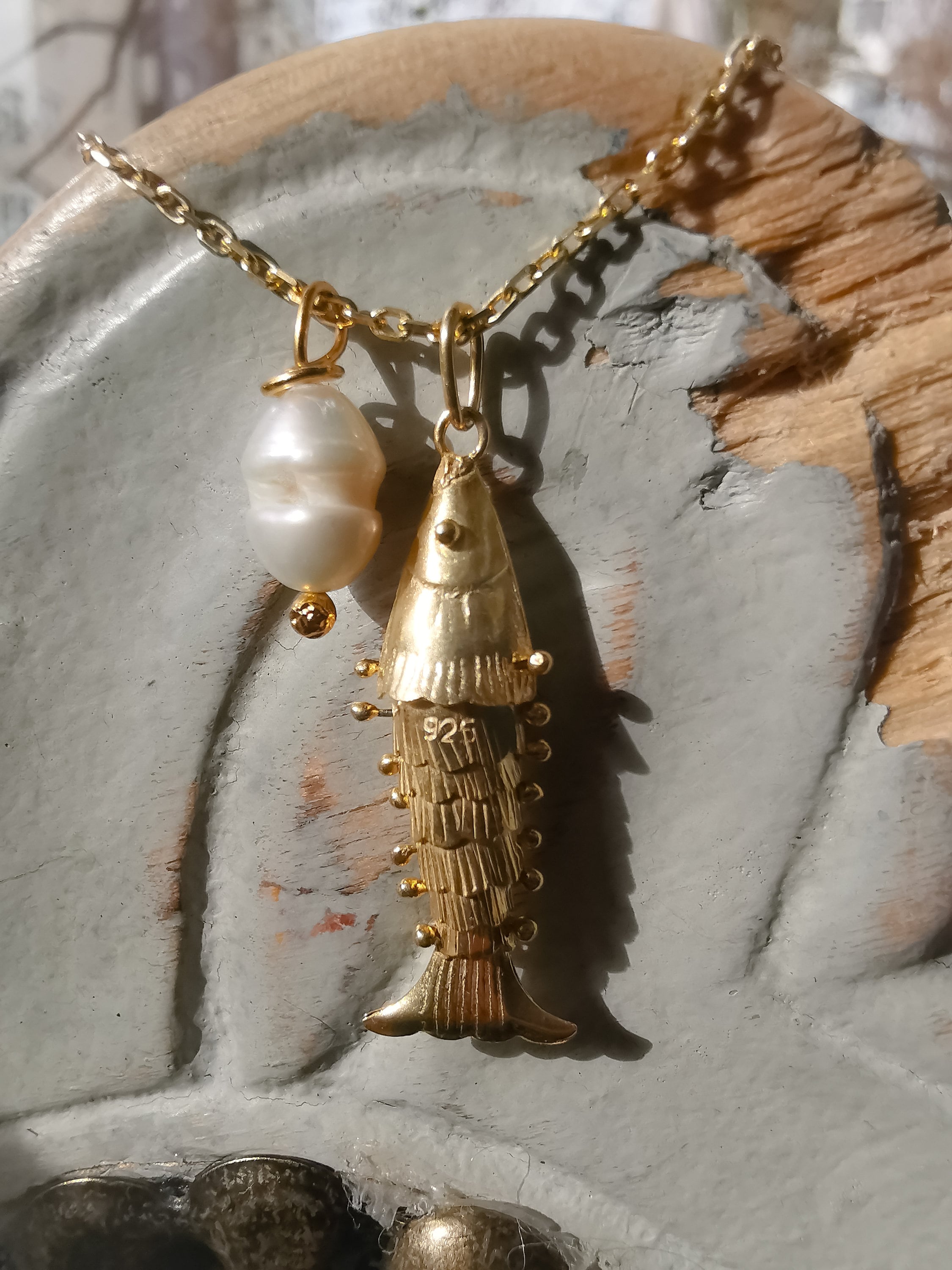 925 Sterling Silver Movable Gold Fish Necklace, Pearl Pendant, Sea ...