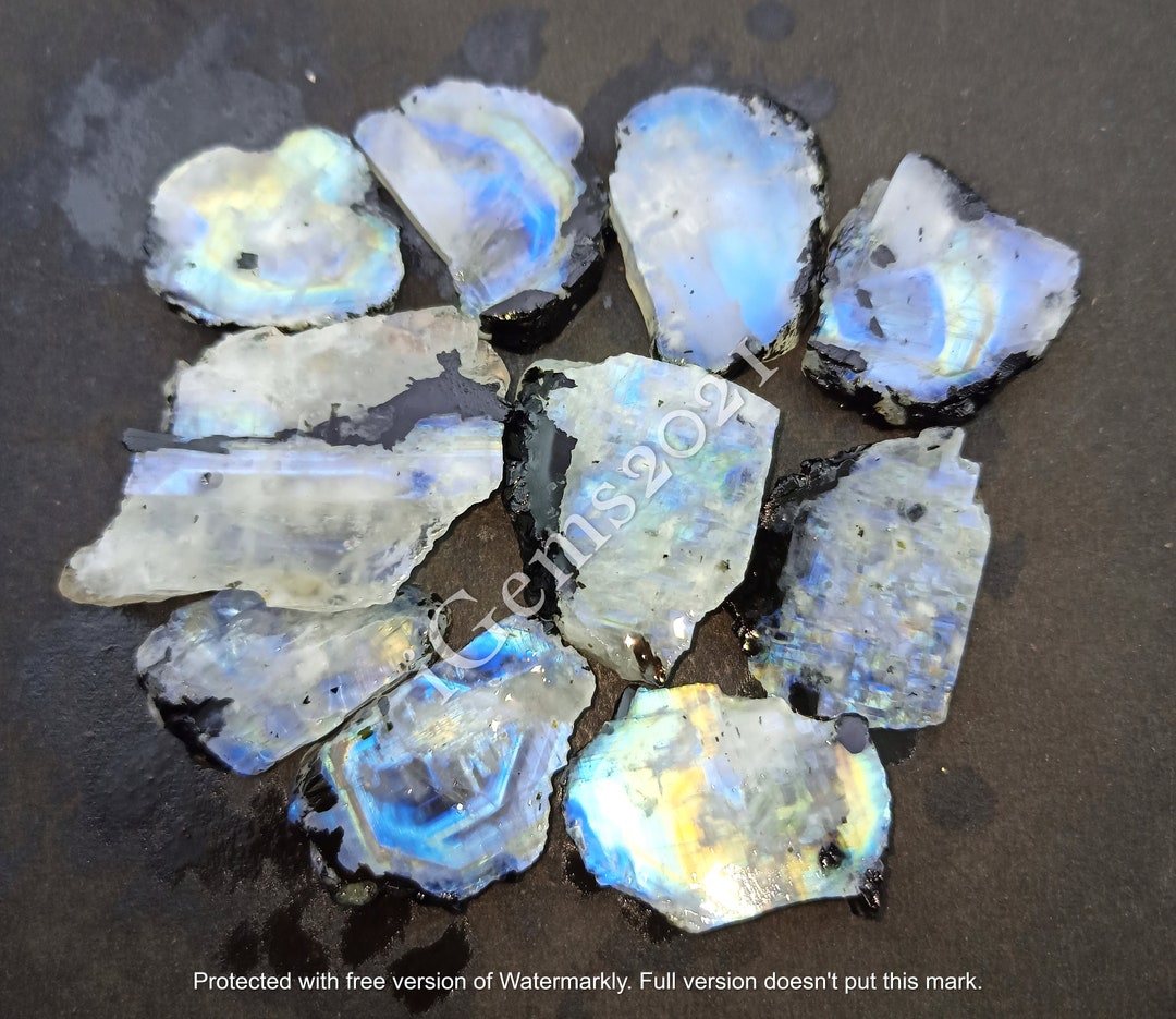 Natural Rainbow Moonstone With Black Tourmaline Slice Raw Gemstone ...
