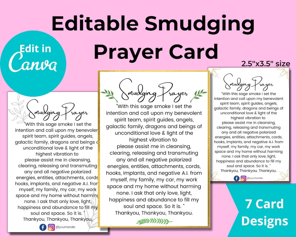 Editable White Sage Smudging Prayer Card, Printable Smudge Card, Sage ...