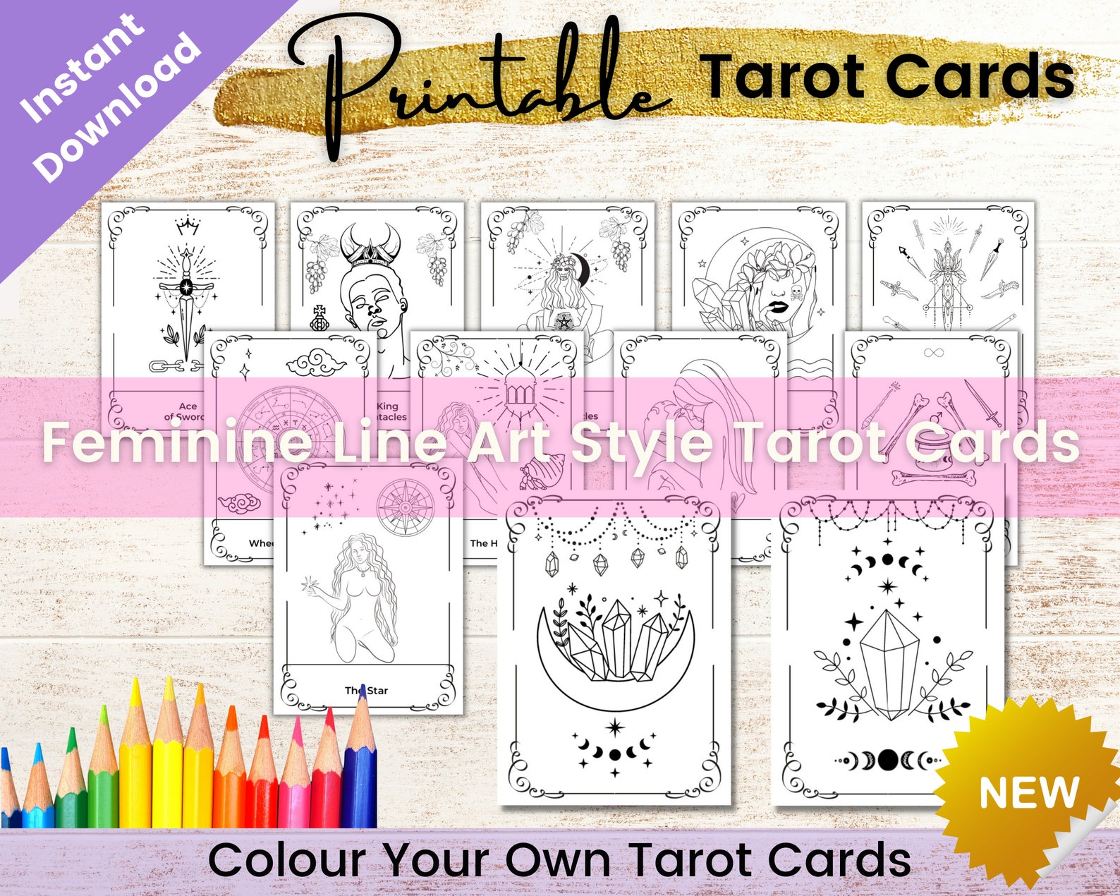 Printable Line Art Tarot Card Deck to Colour, Tarot Journal Printable ...