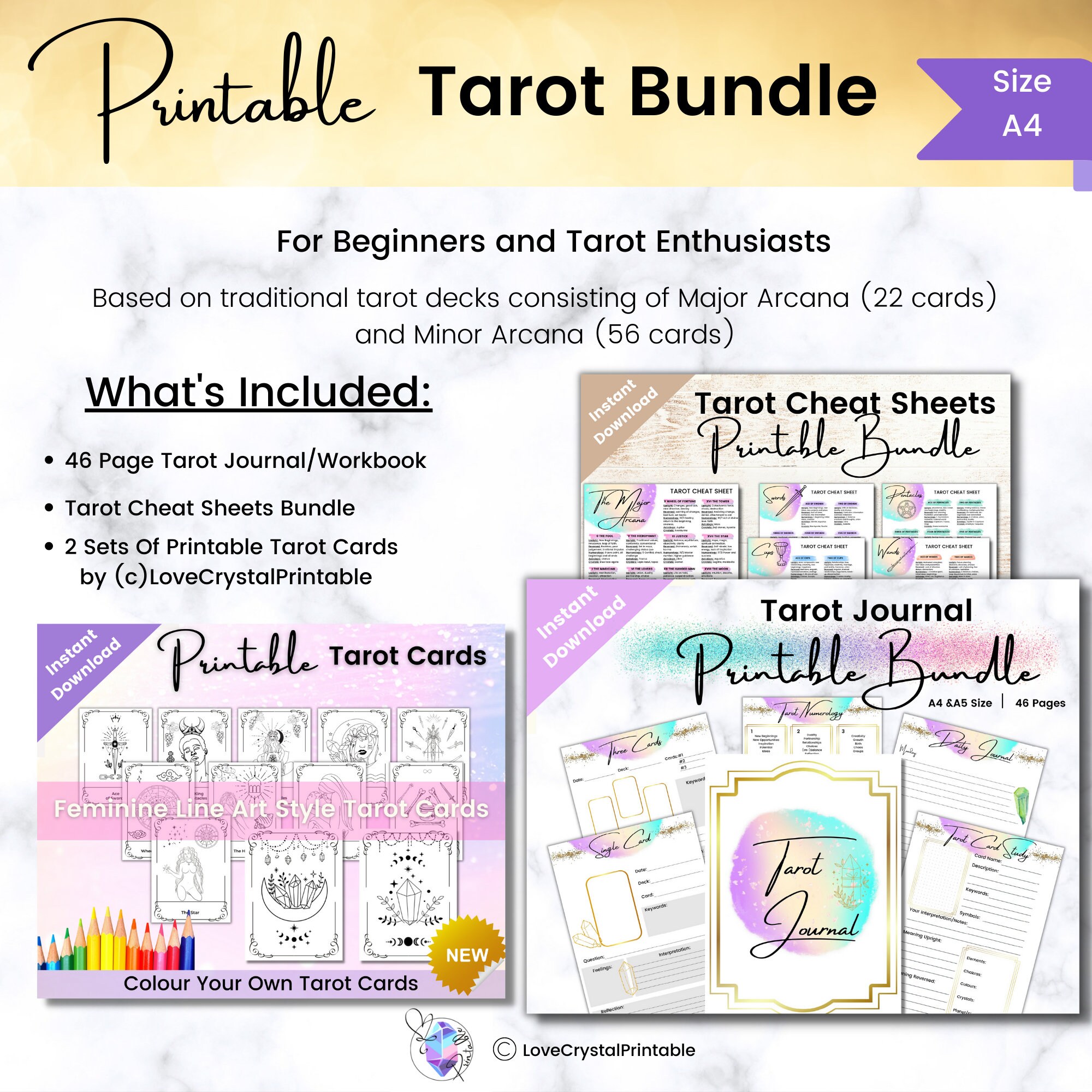 Printable Line Art Tarot Cards Bundle, Tarot Cheat Sheets, Printable ...