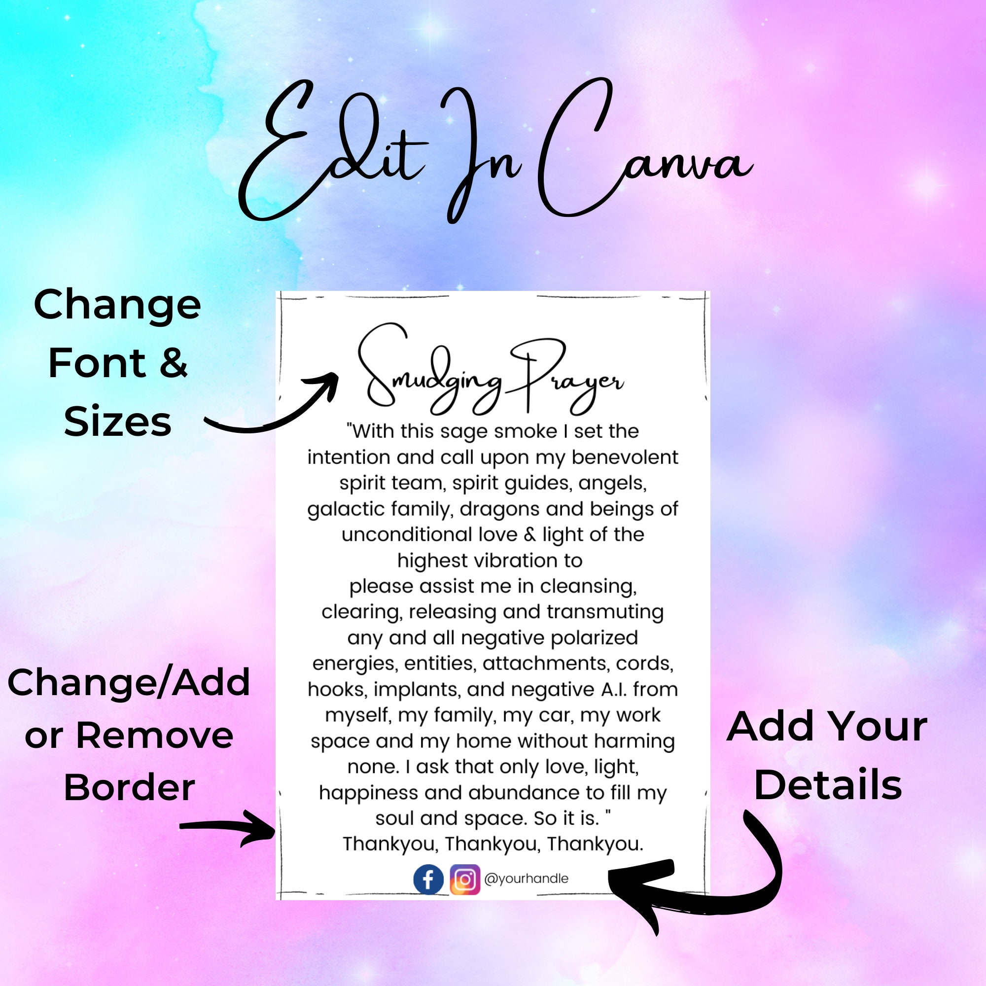 Editable White Sage Smudging Prayer Card, Printable Smudge Card, Sage ...