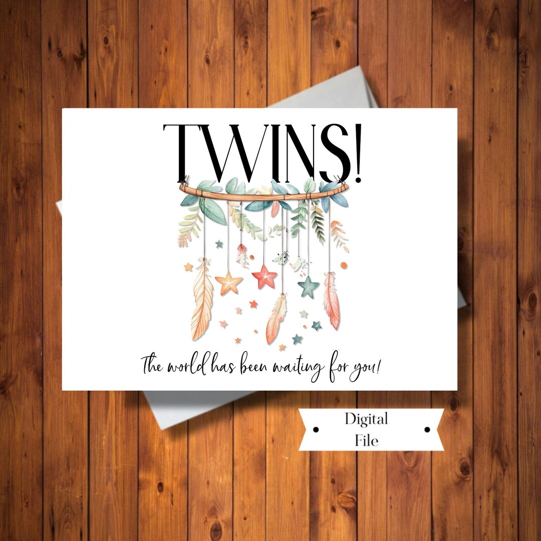 New Baby TWINS Card, Gender Neutral Twins Baby Card, Feathers and Stars ...