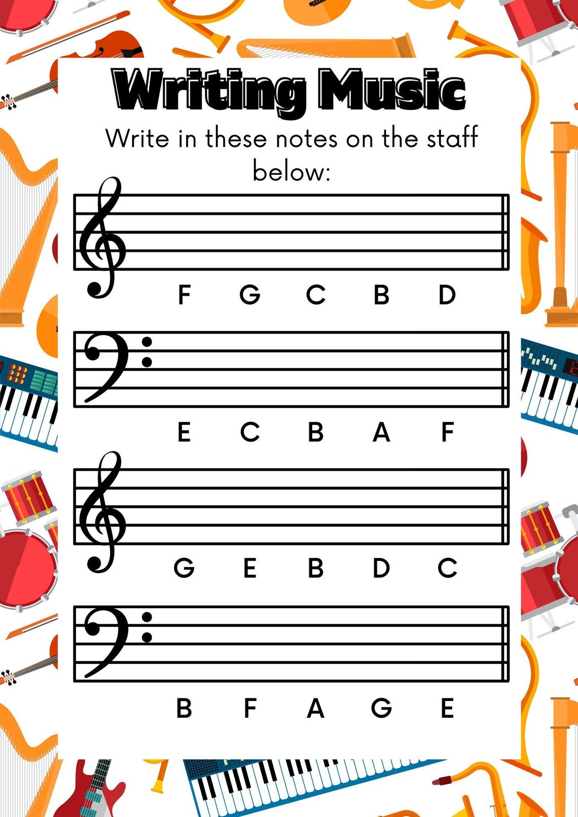 Write These Music Notes in Worksheet - Etsy