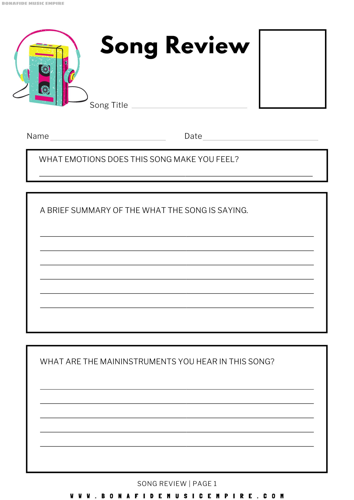 Song Review - Music Worksheet - Etsy
