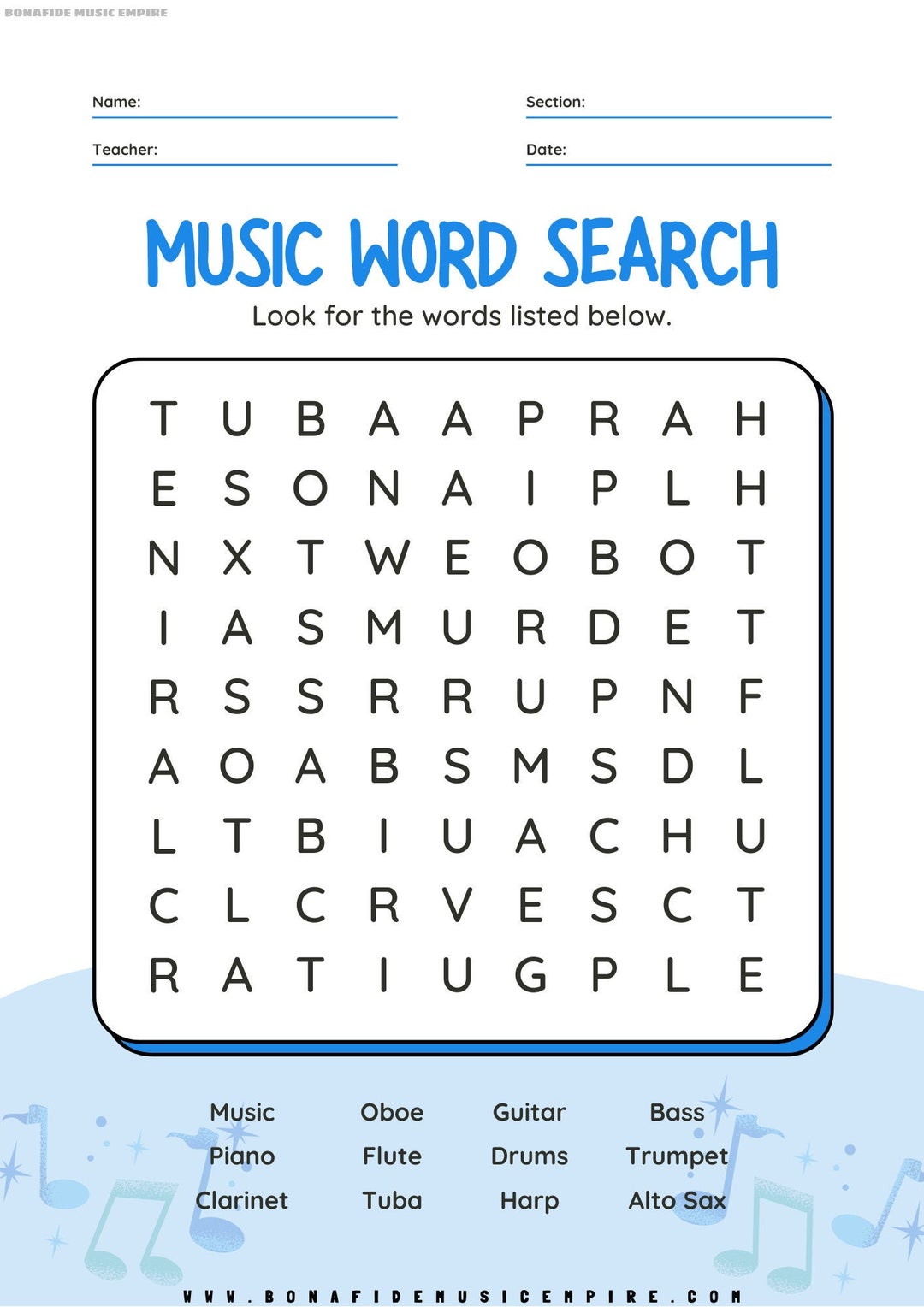 Music Word Search - Music Worksheet_level 1 - Etsy