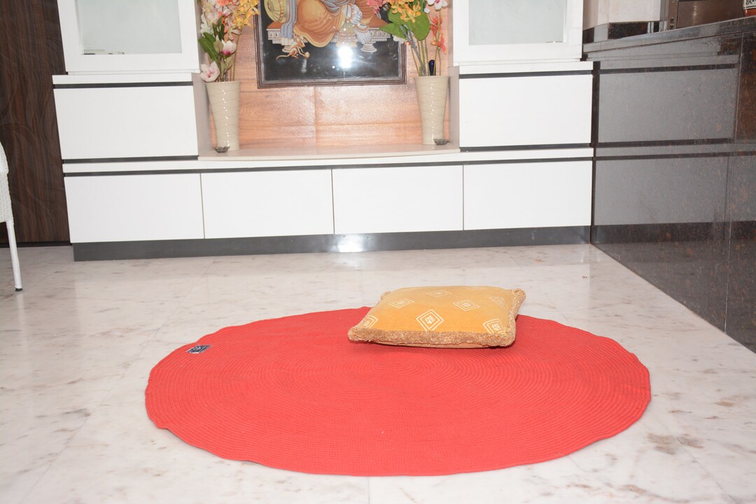 Hand Braided Bohemian Red Round Rug Cotton / Rugs for Bedroom / Bedside ...