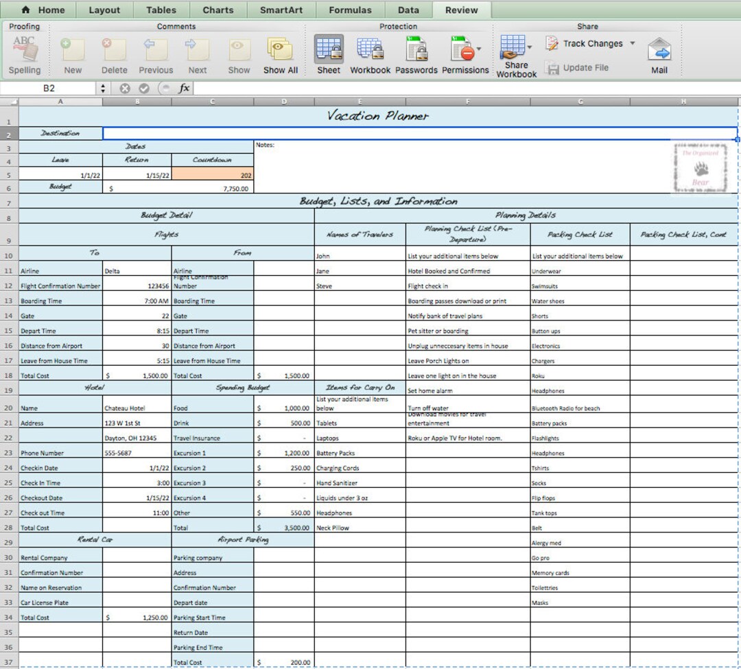 Simple Vacation Planner - Excel - Etsy