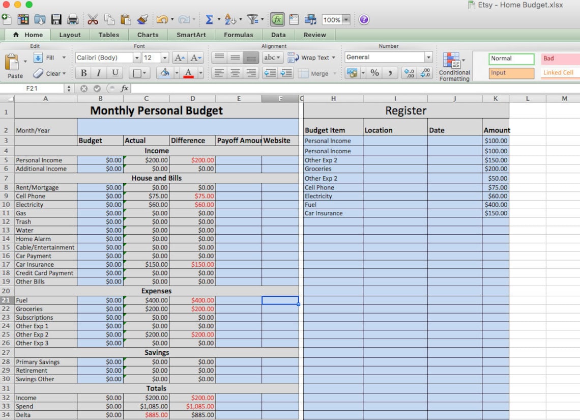 Simple Personal Monthly Budget - Excel - Etsy
