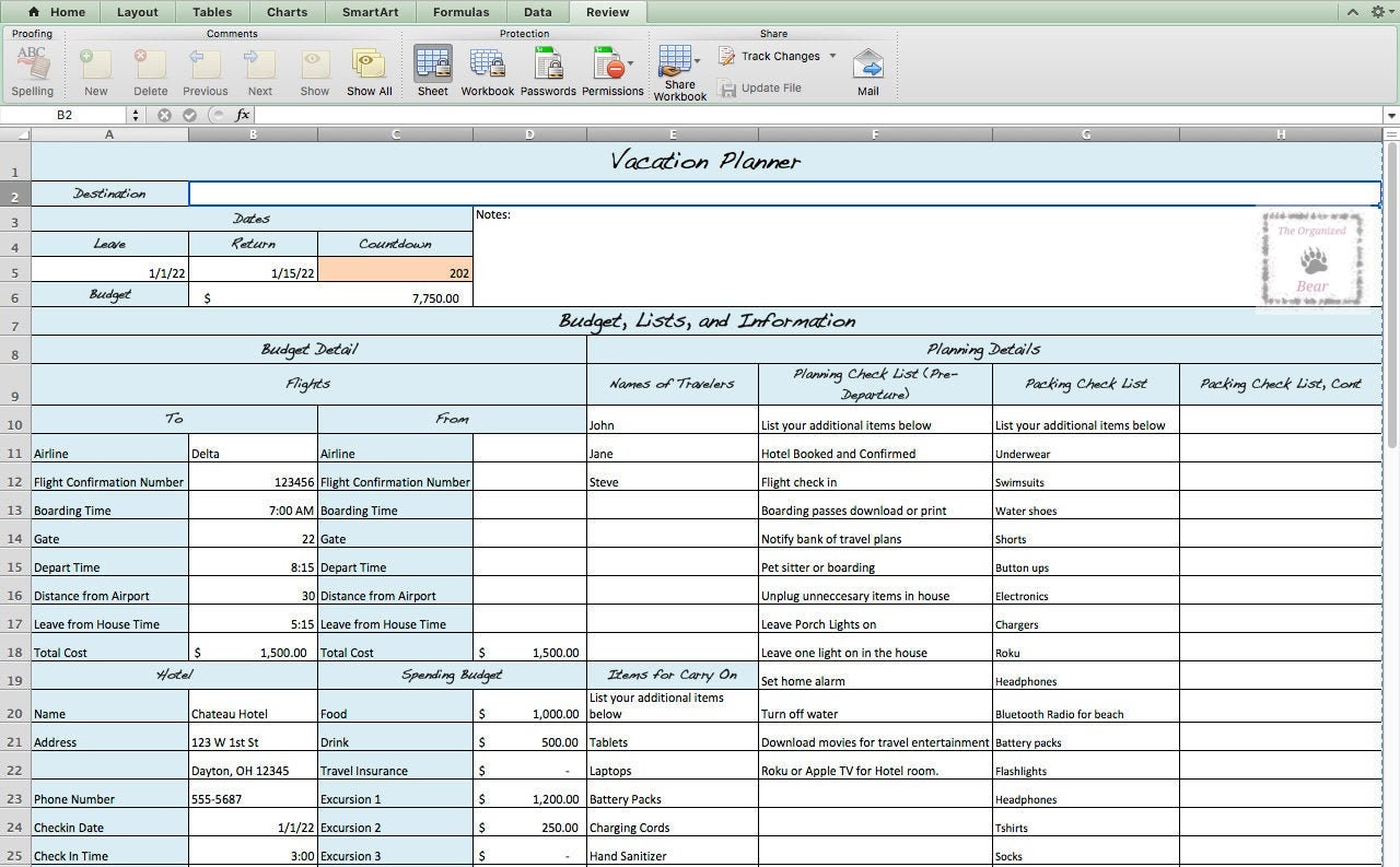 Simple Vacation Planner - Excel - Etsy