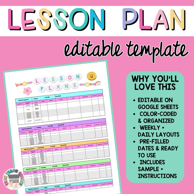 Weekly Lesson Plan Template | Editable on Google Sheets | Elementary and Middle School - Etsy